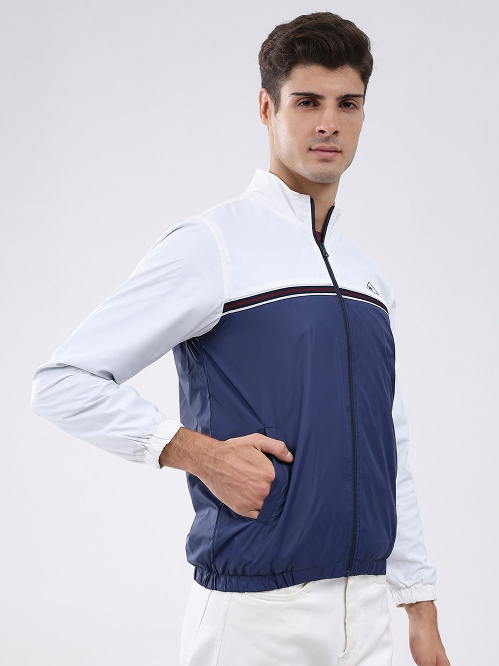 Buy Men Navy Blue Self Design Stand Collar Full Sleeve Jacket Online in ...