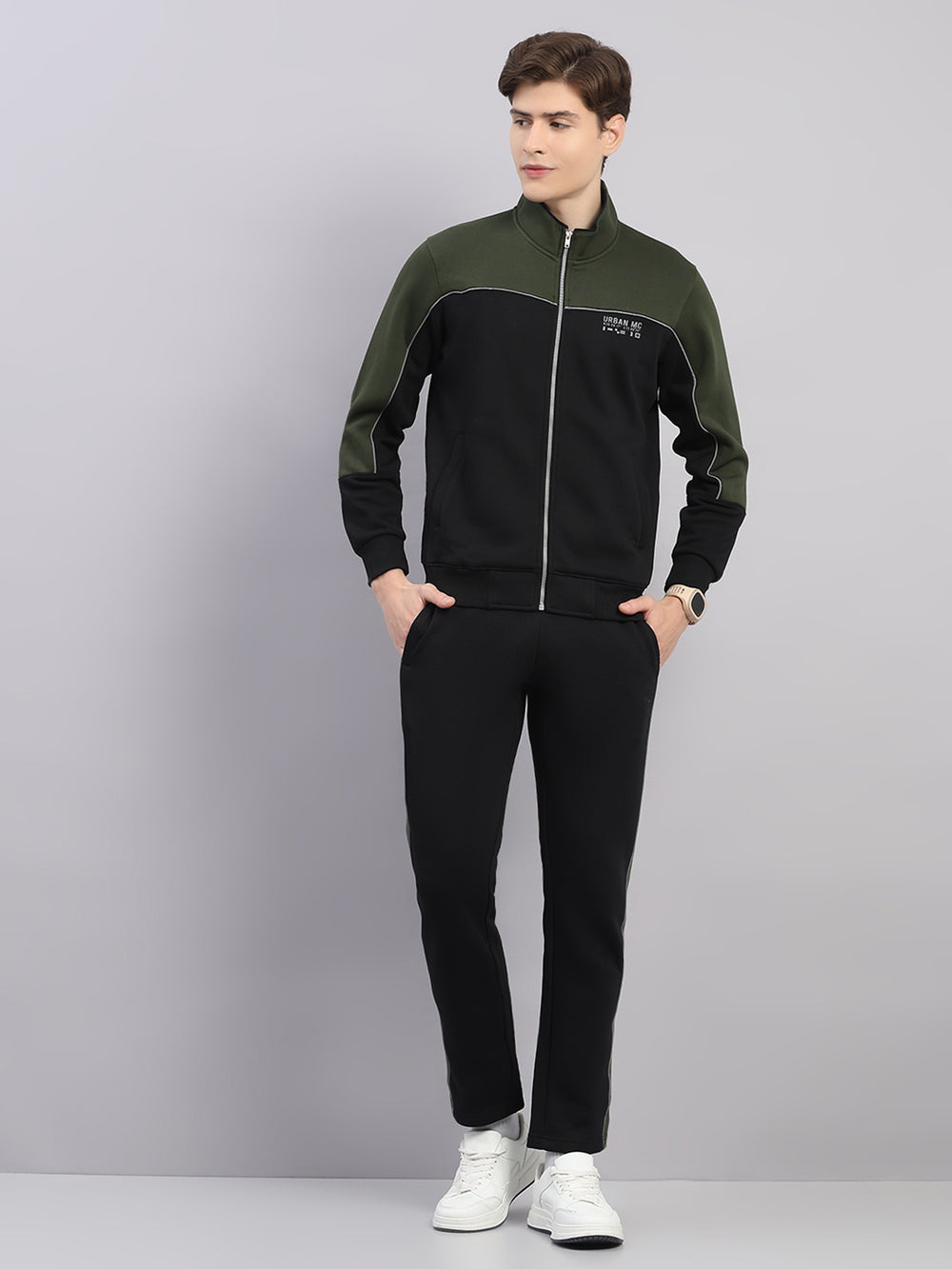 Buy Men Black Self Design Stand Collar Full Sleeve Winter Tracksuit ...