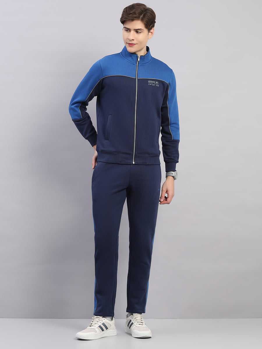 Buy Men Navy Blue Self Design Stand Collar Full Sleeve Winter Tracksuit ...