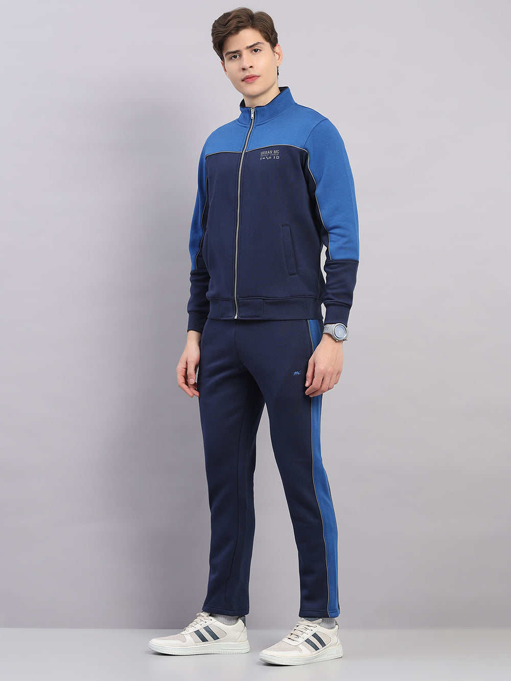 Buy Men Navy Blue Self Design Stand Collar Full Sleeve Winter Tracksuit ...