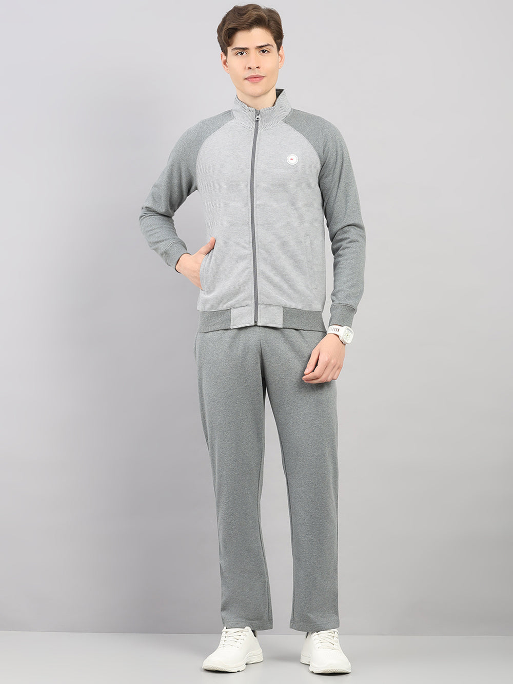 Buy Men Grey Stripe Stand Collar Full Sleeve Winter Tracksuit Online in ...