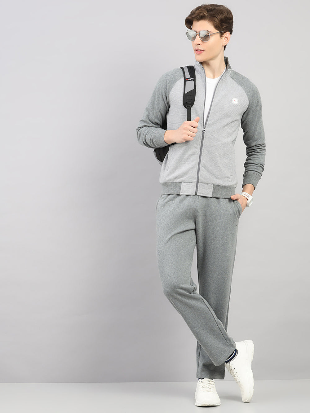 Buy Men Grey Stripe Stand Collar Full Sleeve Winter Tracksuit Online in ...