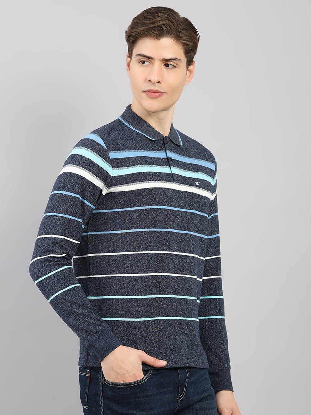 Buy Men Navy Blue Stripe Polo Collar Full Sleeve Winter T-Shirt Online ...