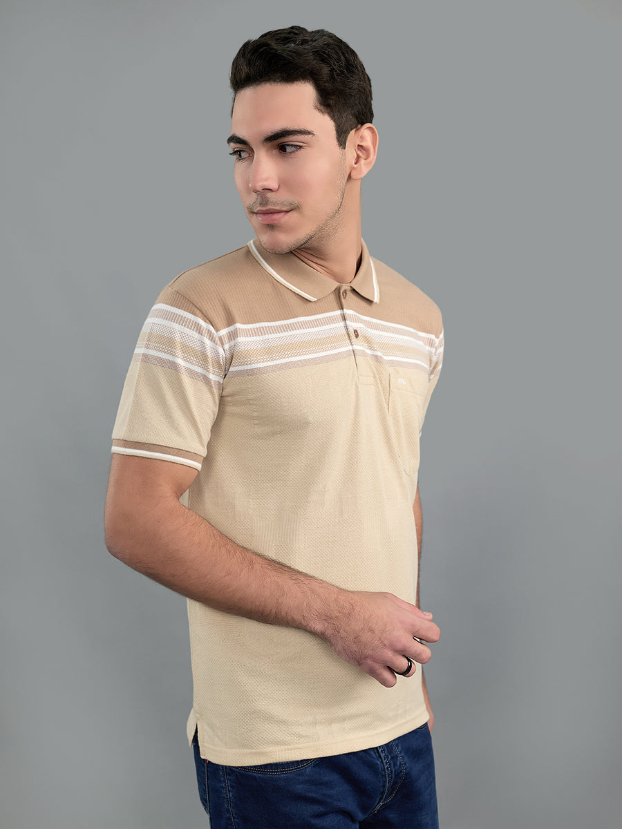 Buy Men Camel Brown Stripe Collar Half Sleeve T-Shirt Online in India ...