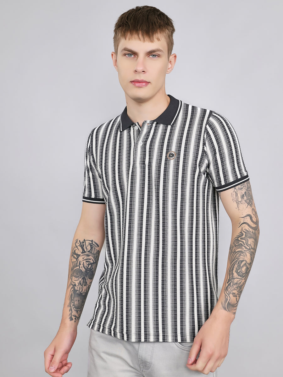 Buy Men Black Stripe Collar Half Sleeve T-Shirt Online in India - Monte ...