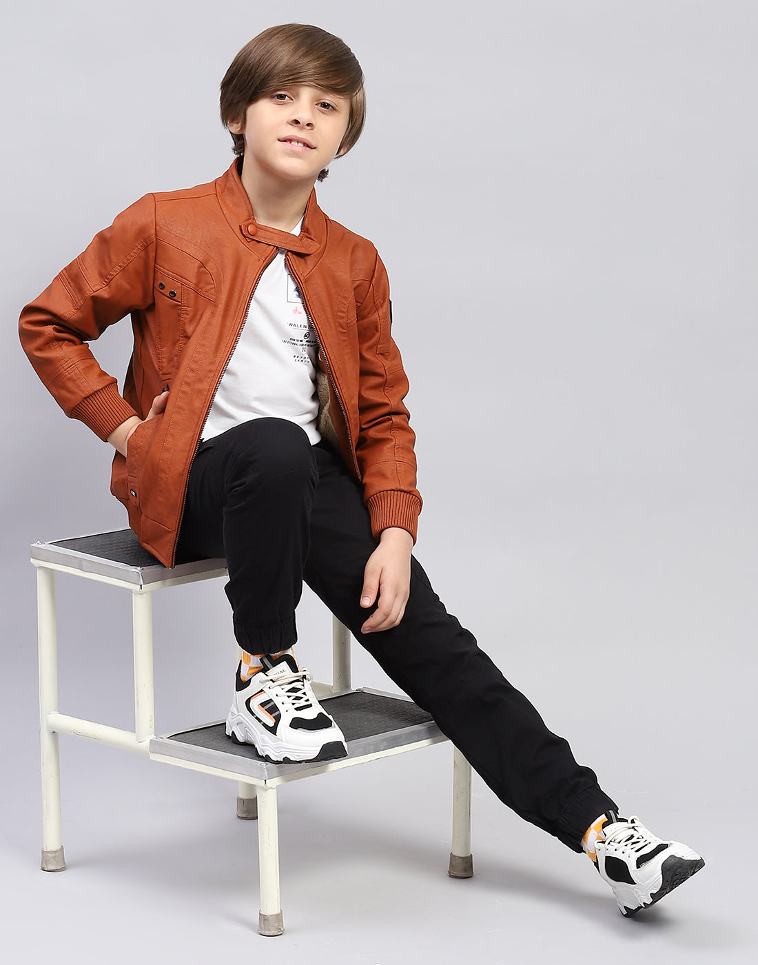 Buy Boys Rust Self Design Stand Collar Full Sleeve Jacket Online in ...
