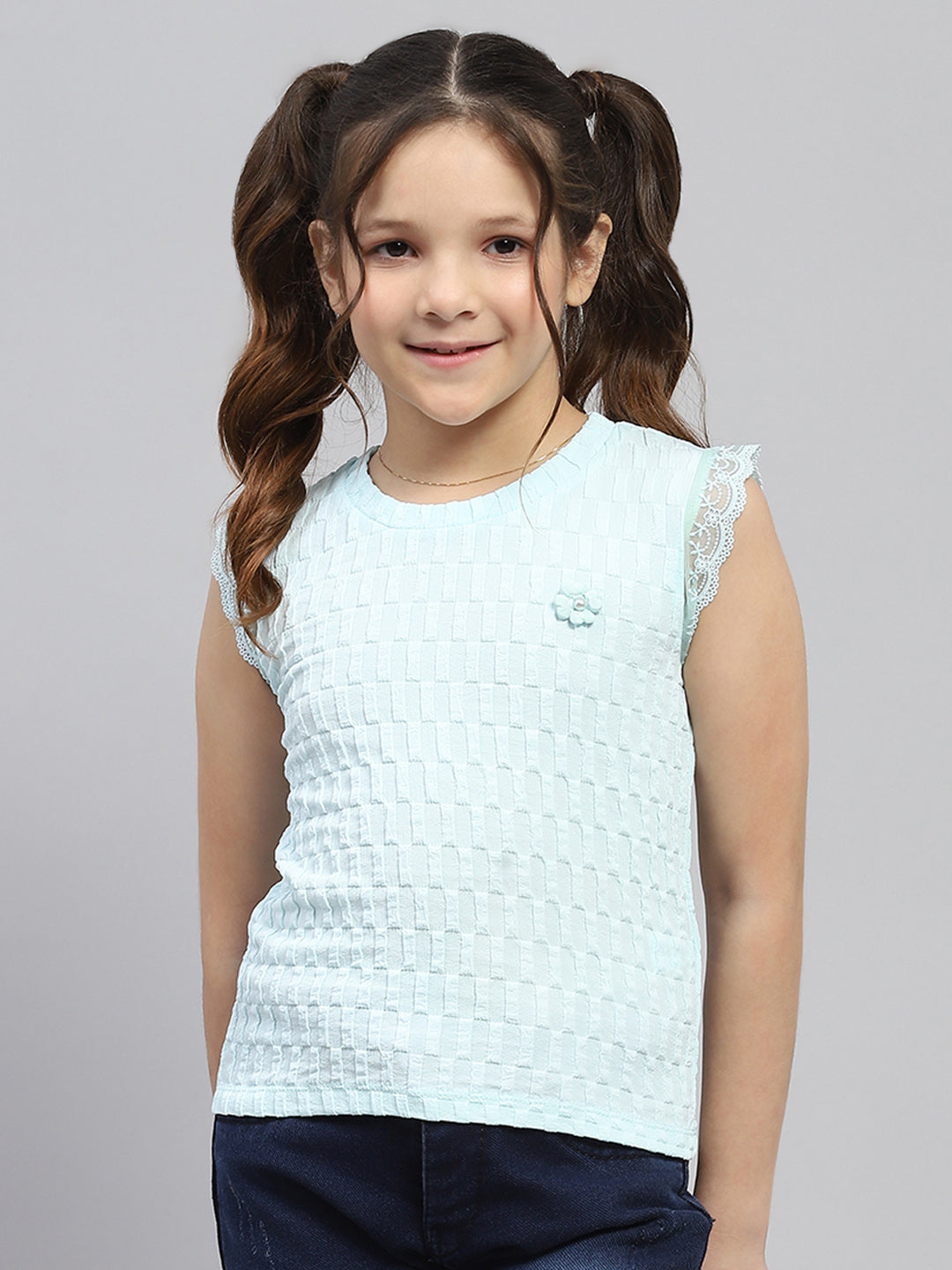 Buy Girls Blue Self Design Round Neck Sleeveless Top Online in India ...