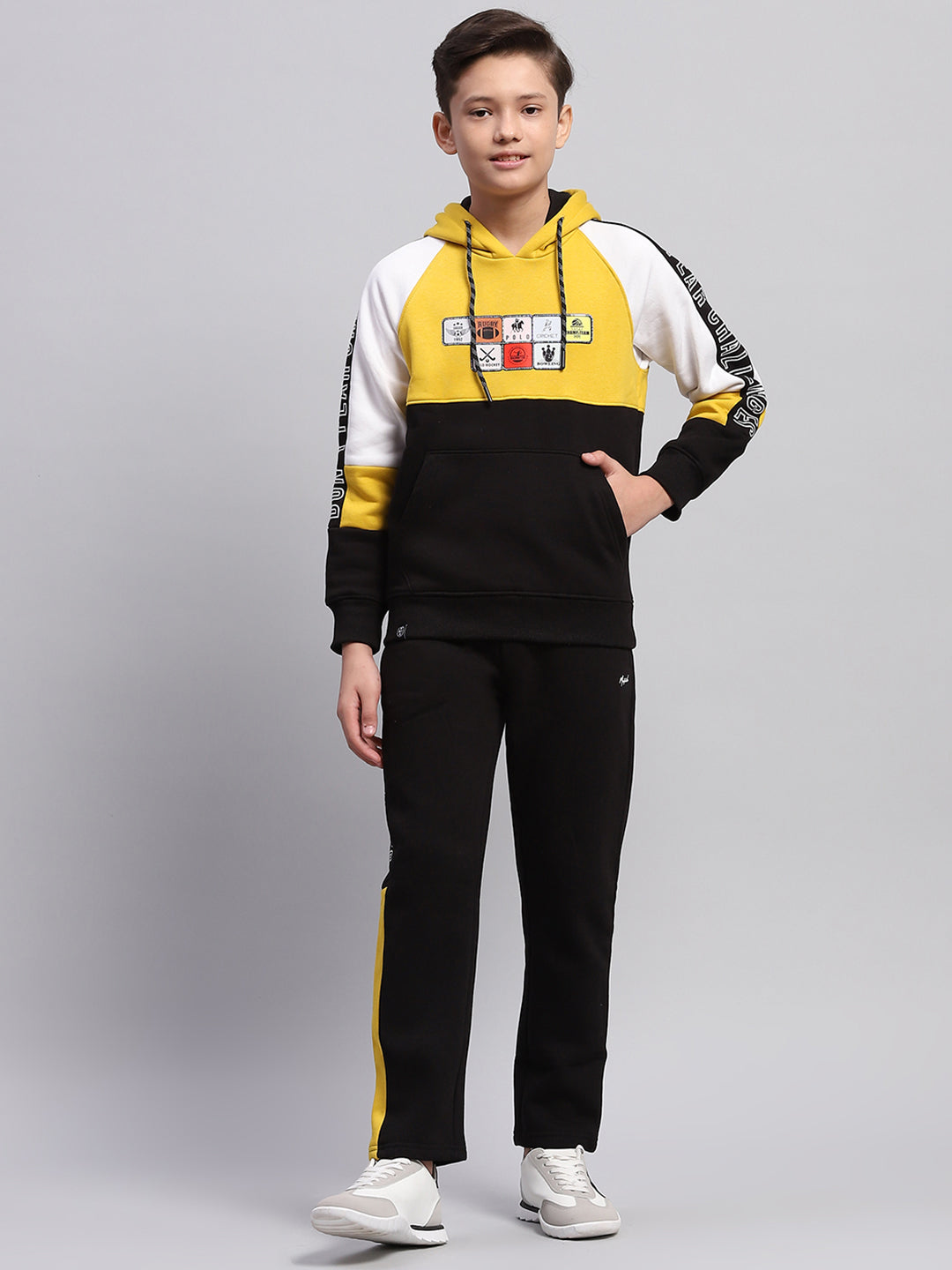 Buy Boys Mustard & Black Printed Hooded Full Sleeve Tracksuit Online in ...