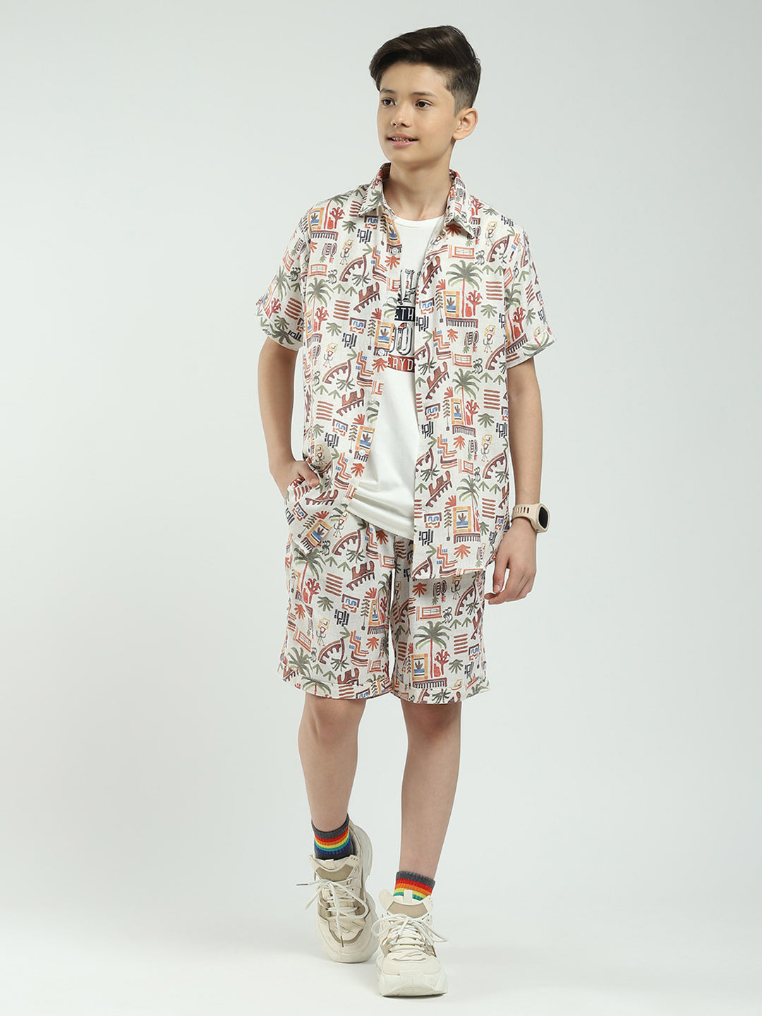 Buy Boys White Printed Collar Half Sleeve Cords Set Online in India ...