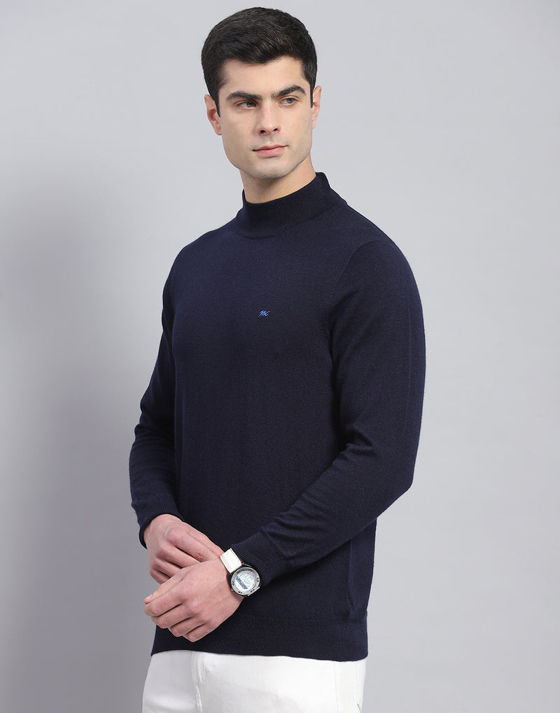 Buy Men Navy Blue Solid T Neck Full Sleeve Pullover Online in India ...