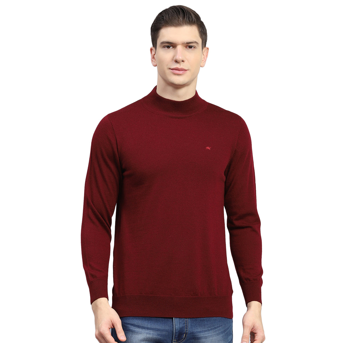 Buy Men Maroon Solid T Neck Full Sleeve Sweater Online in India - Monte ...