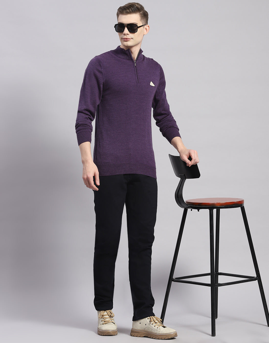 Buy Men Purple Solid H Neck Full Sleeve Pullover Online in India ...