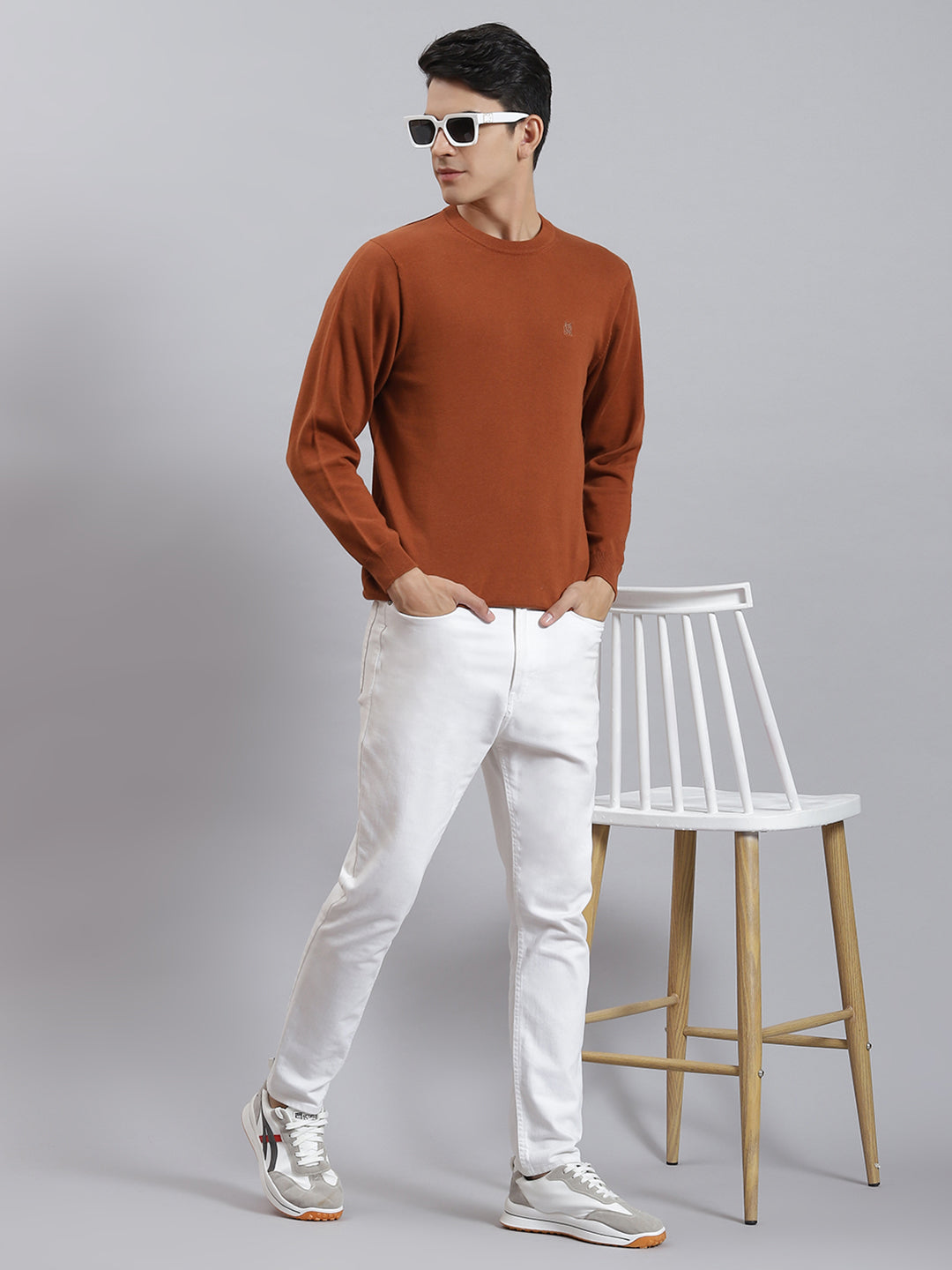 Buy Men Rust Solid Round Neck Full Sleeve Sweaters/Pullovers Online in ...