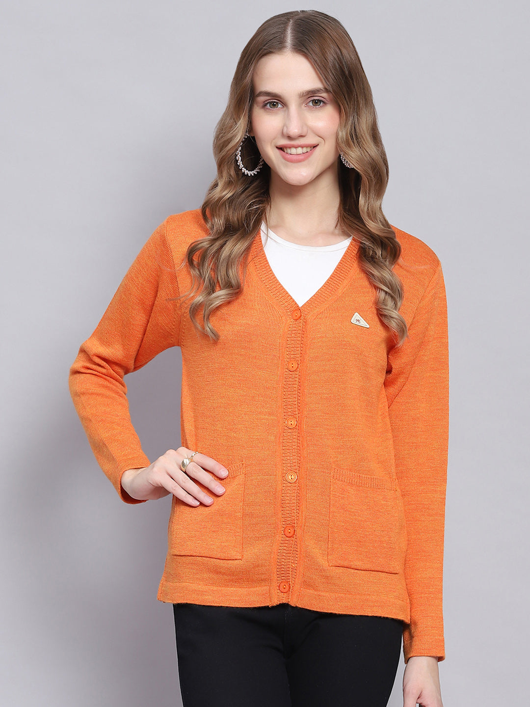 Buy Women Orange Solid V Neck Full Sleeve Cardigans Online in India ...