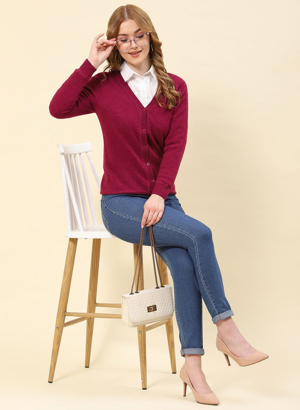 Buy Women Maroon Solid Lamb wool Cardigan Online in India - Monte Carlo