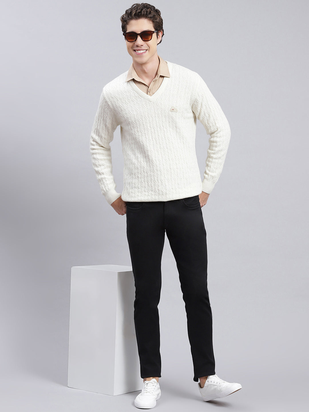 Buy Men Off White Self Design Lamb wool Pullover Online in India ...