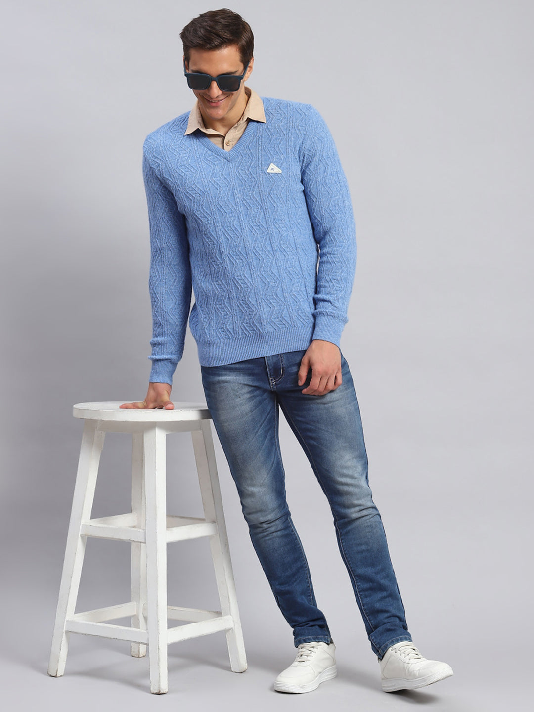 Buy Men Sky Blue Self Design Lamb wool Pullover Online in India - Monte ...
