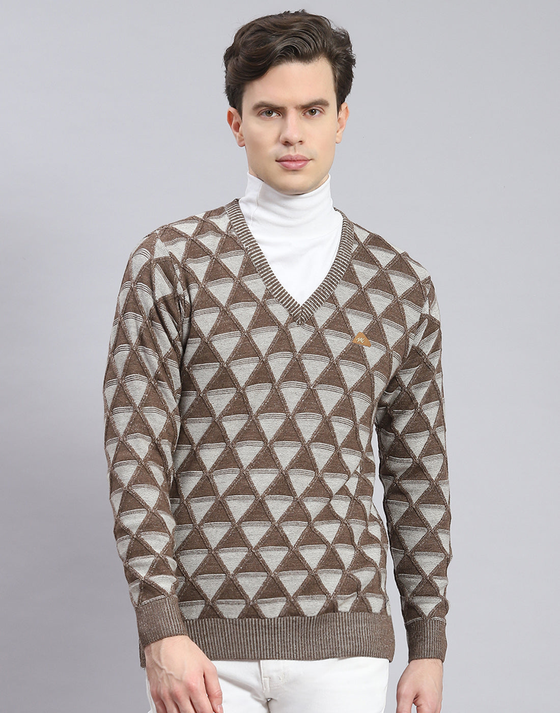 Buy Men Brown Self Design V Neck Full Sleeve Pullover Online in India ...