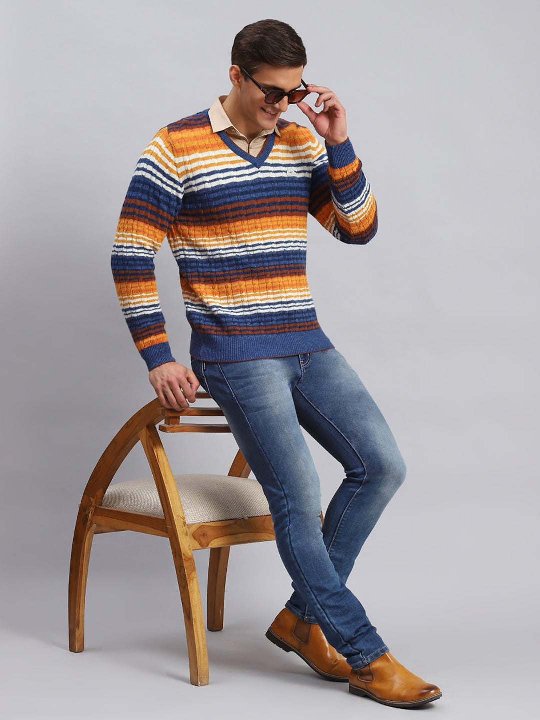 Buy Men Navy Blue Stripe Lamb wool Pullover Online in India - Monte Carlo