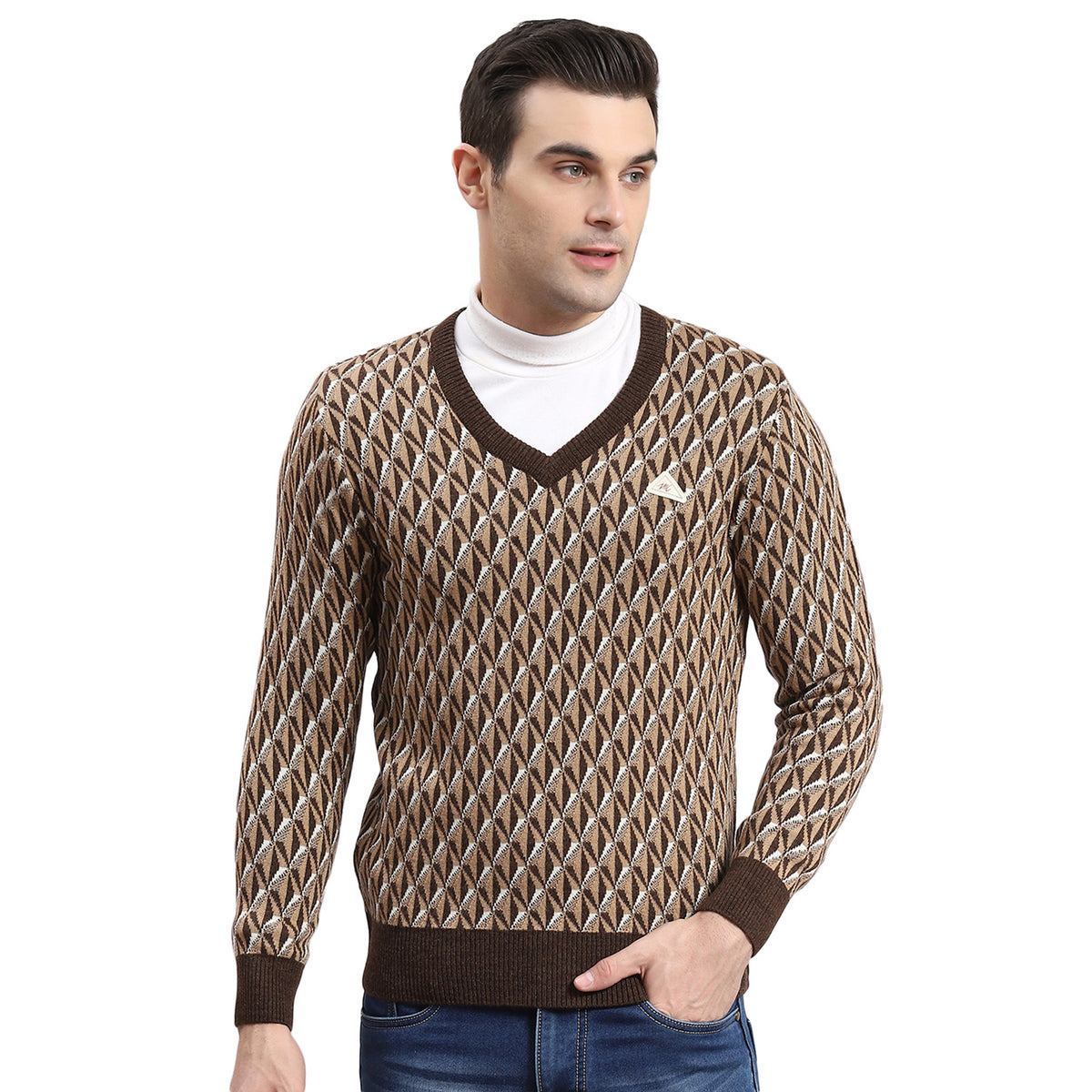 Buy Men Brown Self Design V Neck Full Sleeve Sweater Online in India ...