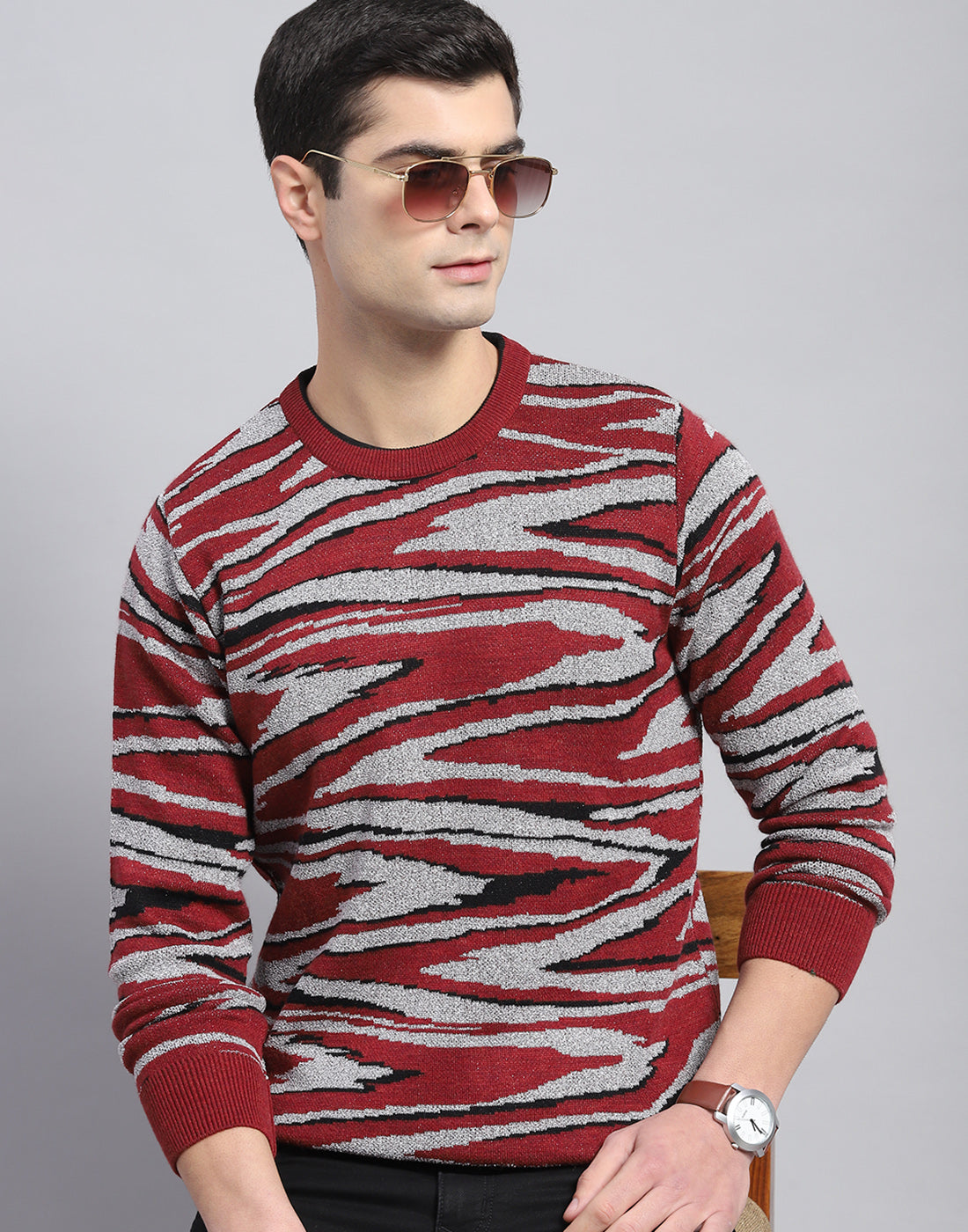 Buy Men Red Self Design Round Neck Full Sleeve Pullover Online in India ...