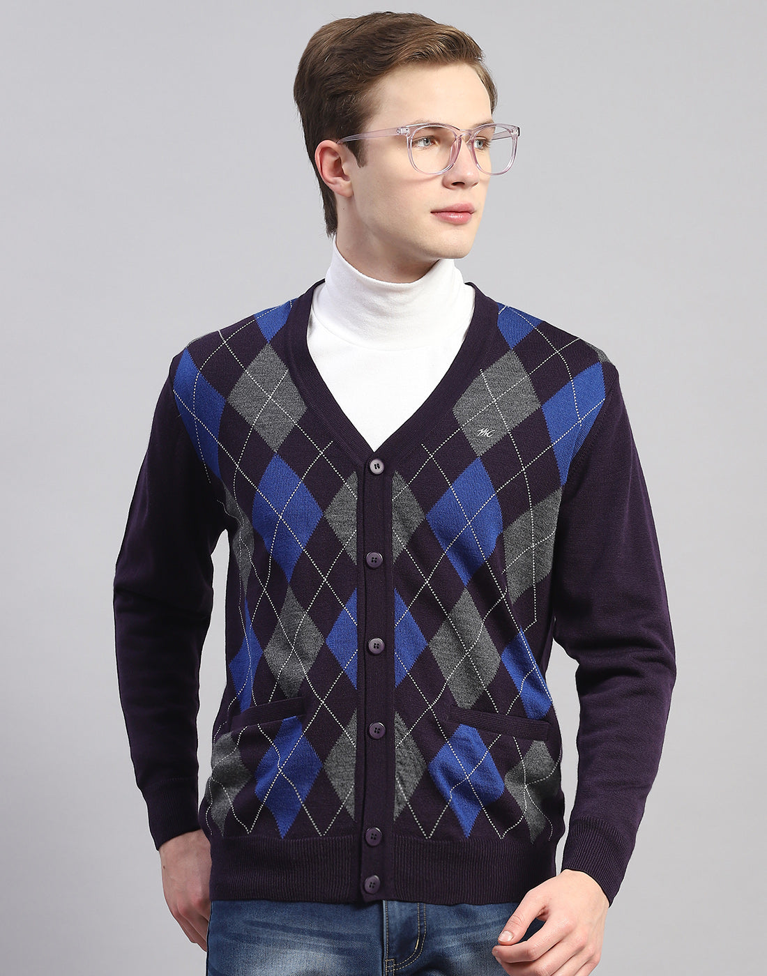 Buy Men Navy Blue Self Design V Neck Full Sleeve Cardigan Online in ...