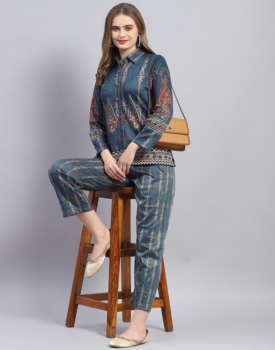 Buy Women Teal Blue Embroidered Collar Full Sleeve Cords Set Online in ...