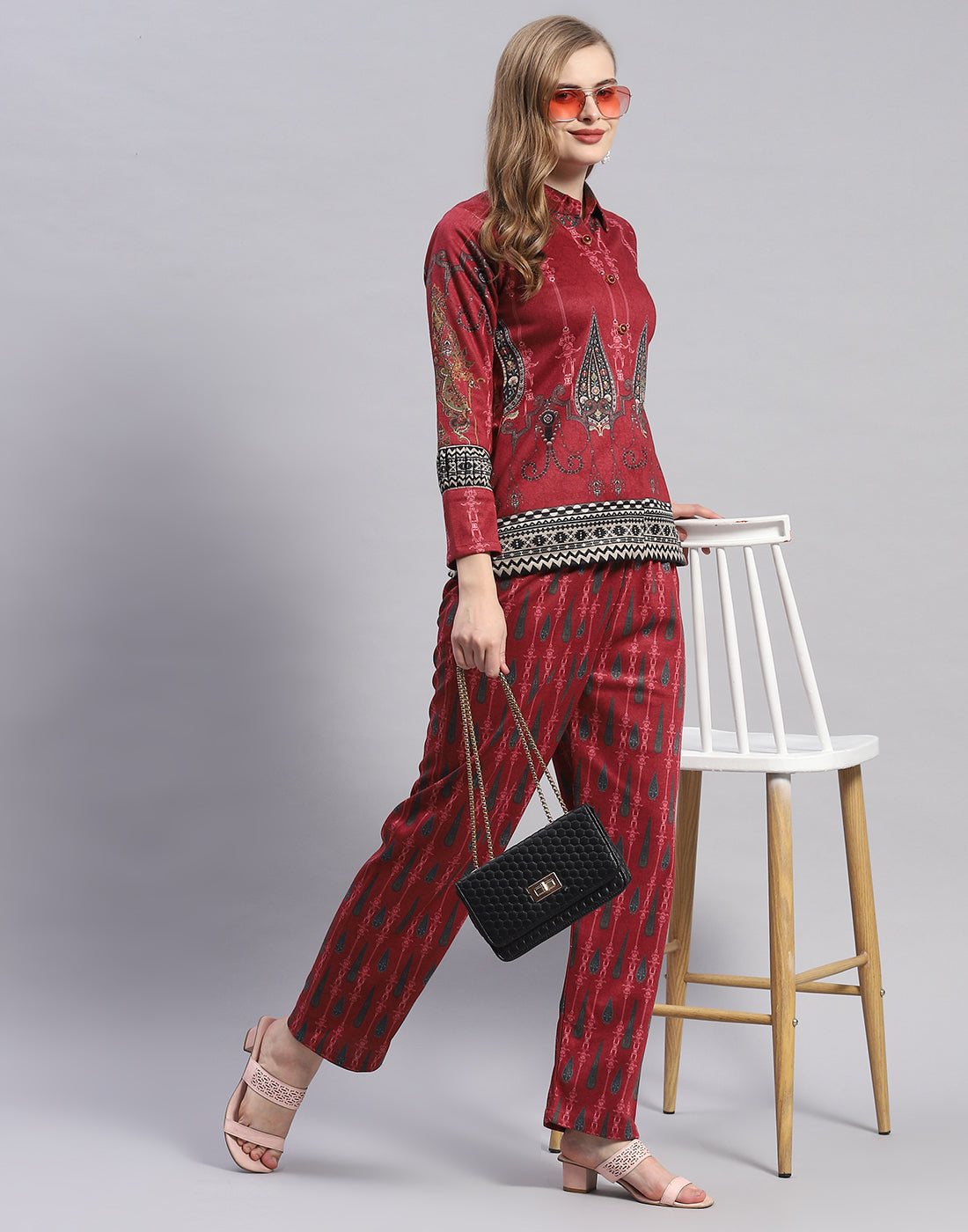 Buy Women Red Embroidered Collar Full Sleeve Cords Set Online in India ...