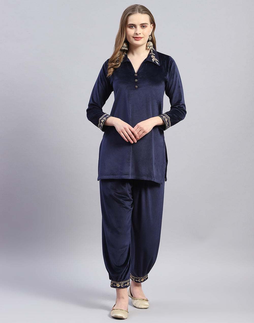 Buy Women Navy Blue Embroidered Collar Full Sleeve Cords Set Online in ...