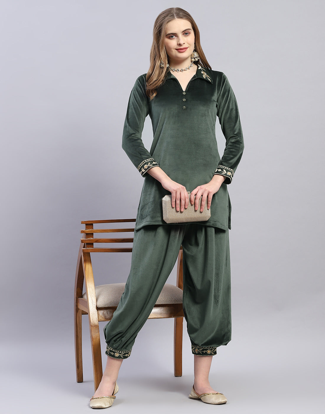 Buy Women Green Embroidered Collar Full Sleeve Cords Set Online in ...