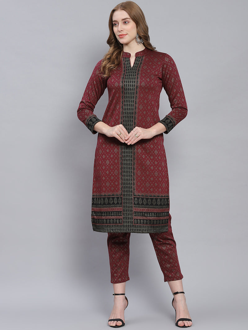 Buy Women Maroon Self Design Collar Full Sleeve Kurtis Set Online in ...