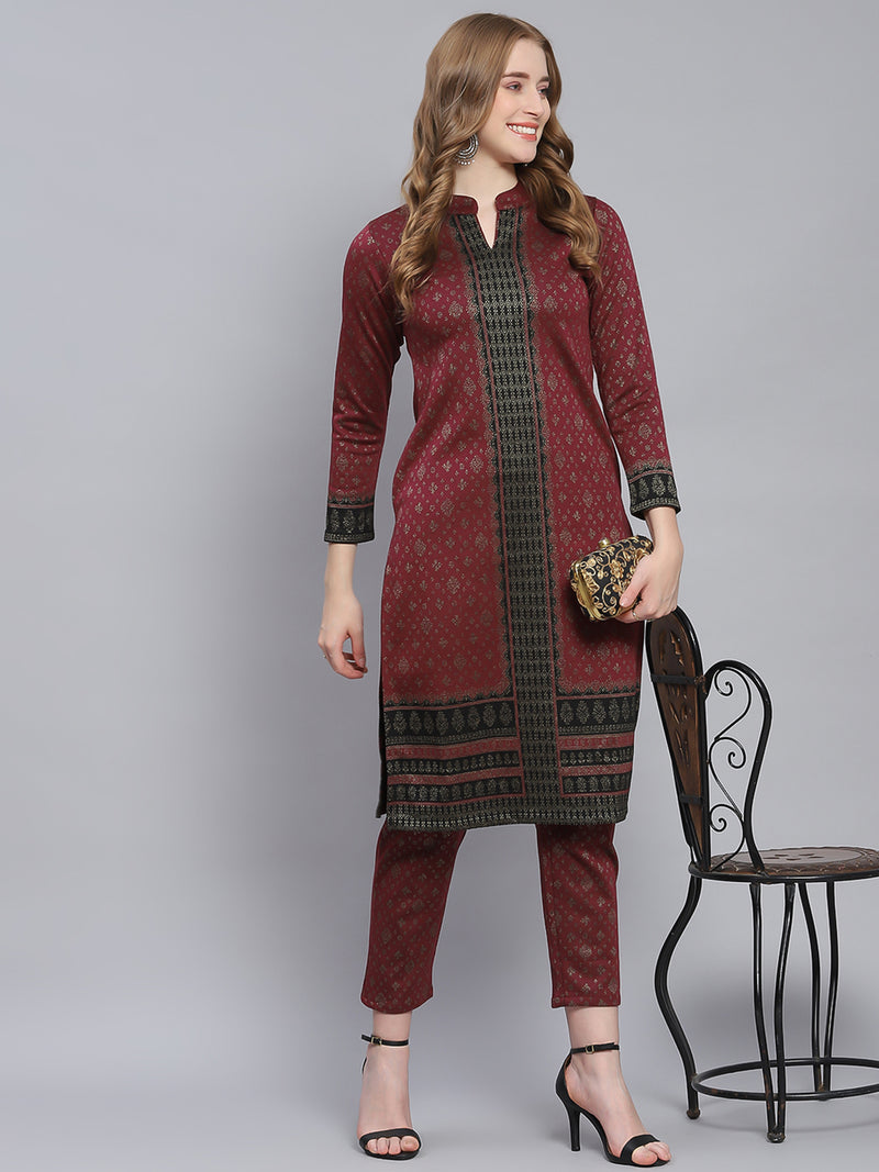 Buy Women Maroon Self Design Collar Full Sleeve Kurtis Set Online in ...