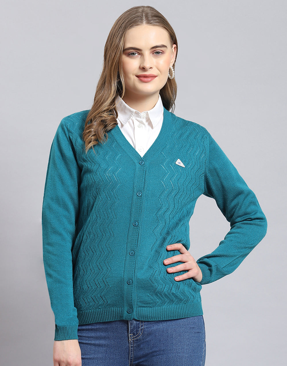 Buy Women Turquoise Blue Self Design V Neck Full Sleeve Cardigan Online ...