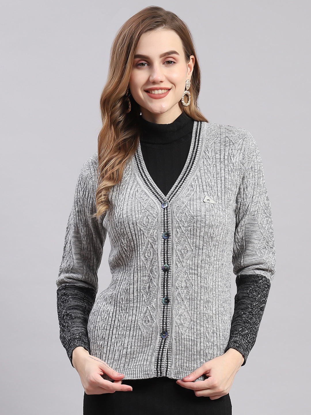 Buy Women Grey Self Design V Neck Full Sleeve Cardigans Online in India ...