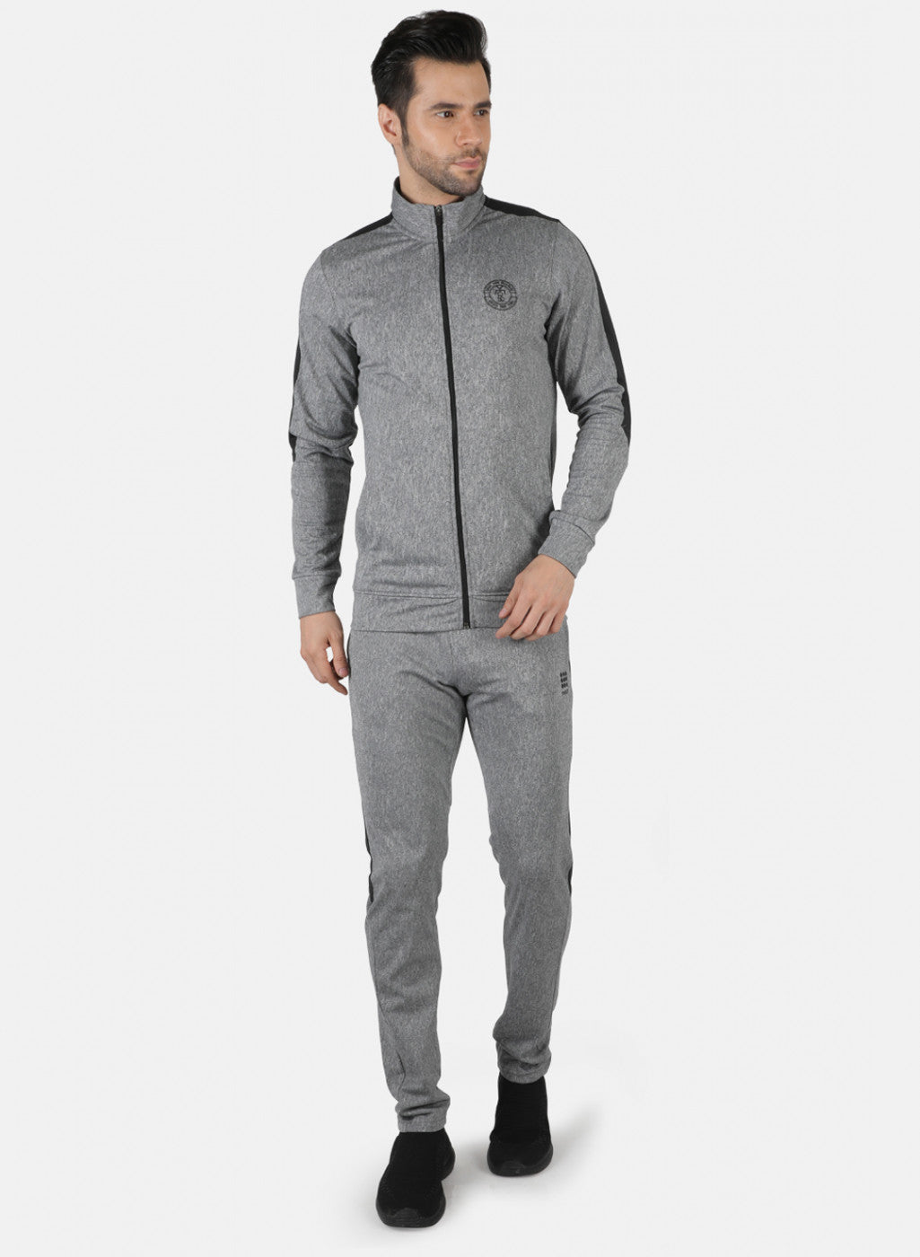 Buy Grey Regular Fit Full Sleeve Collar Neck Tracksuit Online in India ...