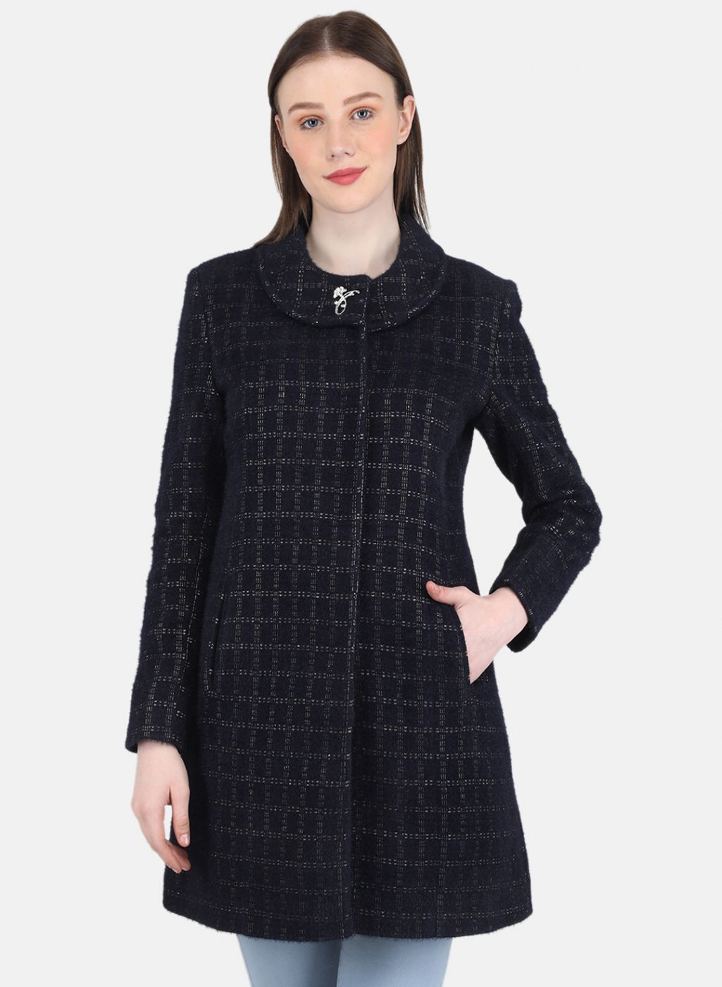 Buy Women Navy Blue Check Coat Online in India - Monte Carlo