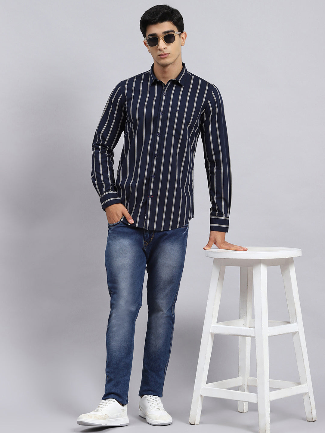 Buy Men Navy Blue Stripe Shirt Online in India - Monte Carlo