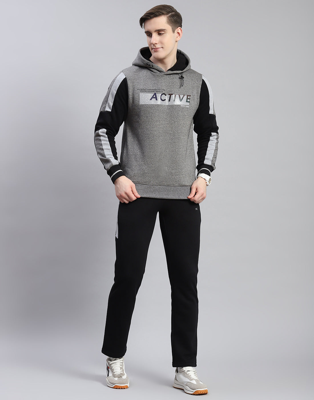 Buy Men Grey & Black Solid Hooded Full Sleeve Tracksuit Online in India ...