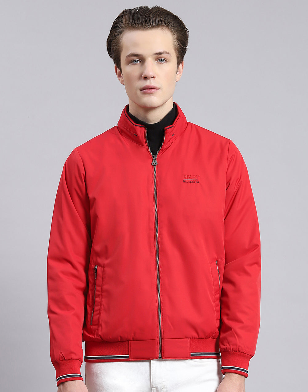 Buy Men Red Solid Stand Collar Full Sleeve Jacket Online in India ...