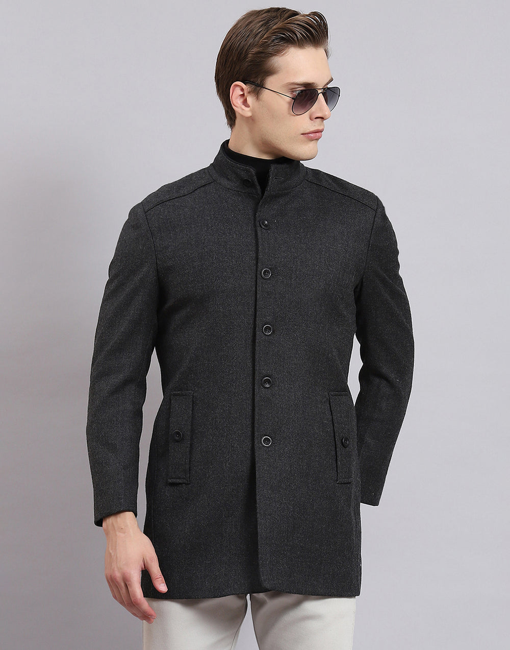 Buy Men Grey Solid Stand Collar Full Sleeve Coat Online in India ...