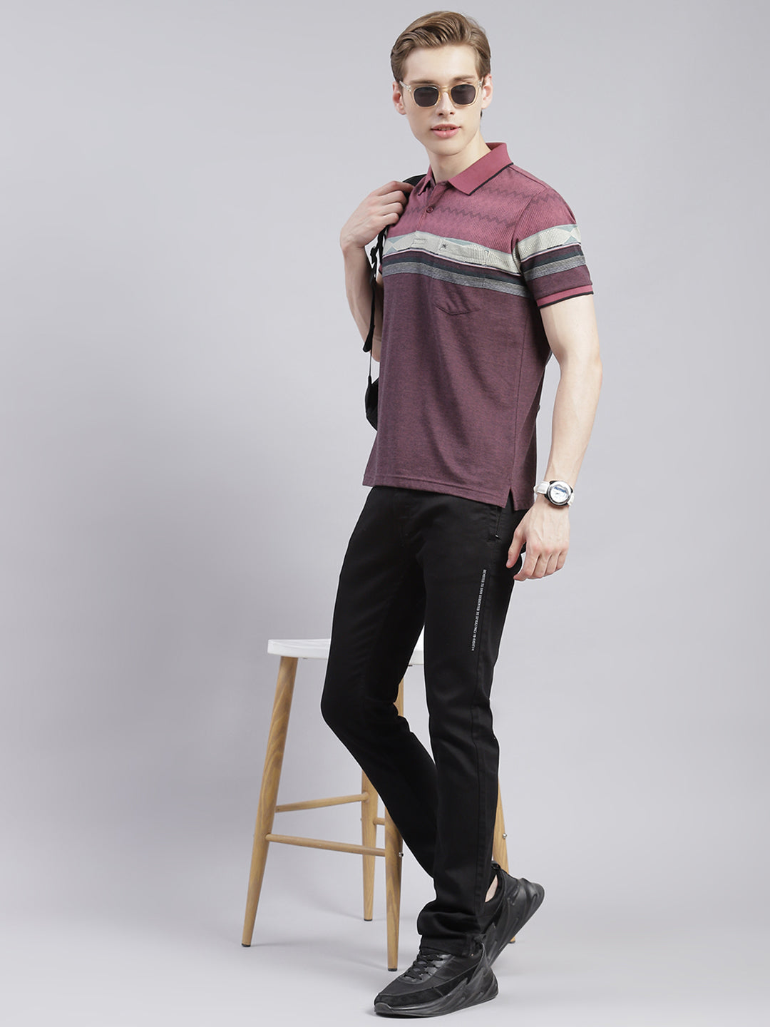 Buy Men Maroon Stripe Collar Half Sleeve T-Shirts Online in India ...