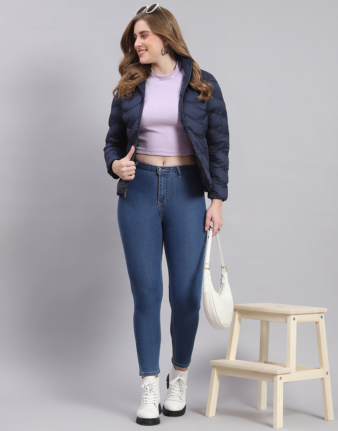 Buy Women Navy Blue Solid Stand Collar Full Sleeve Jacket Online in ...