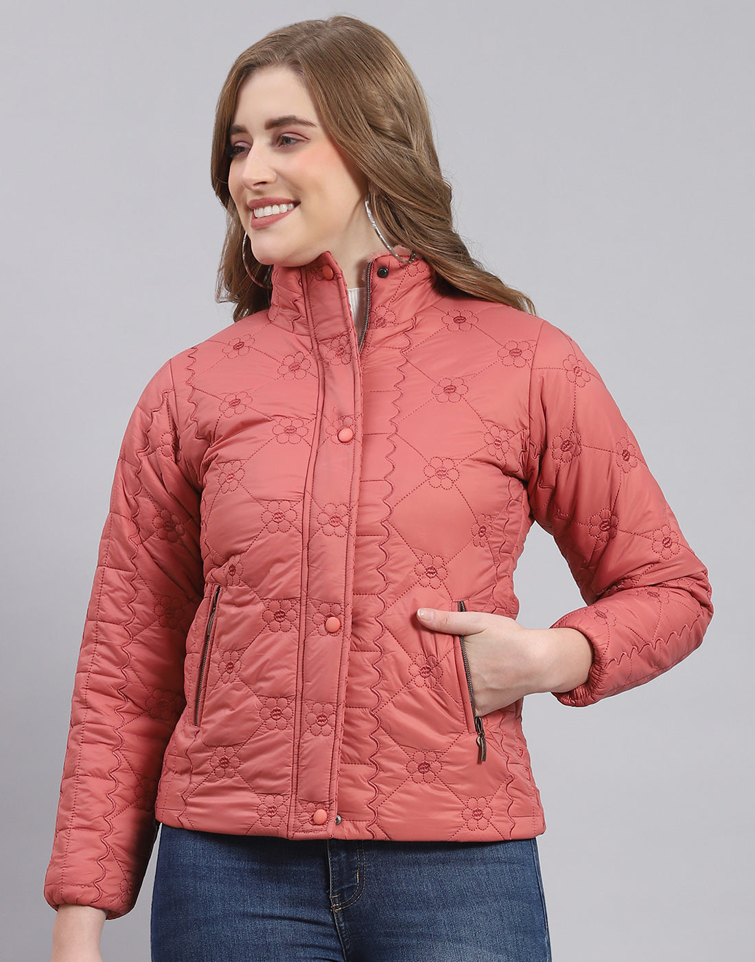 Buy Women Coral Embroidered Stand Collar Full Sleeve Jacket Online in ...