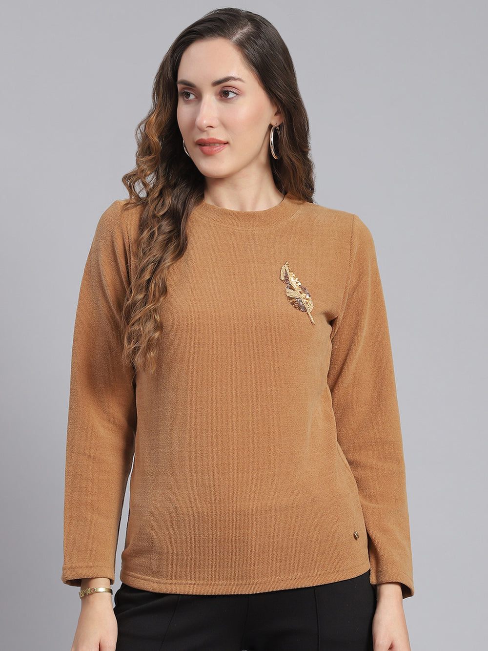 Buy Women Brown Embroidered Round Neck Full Sleeve Sweater Online in ...