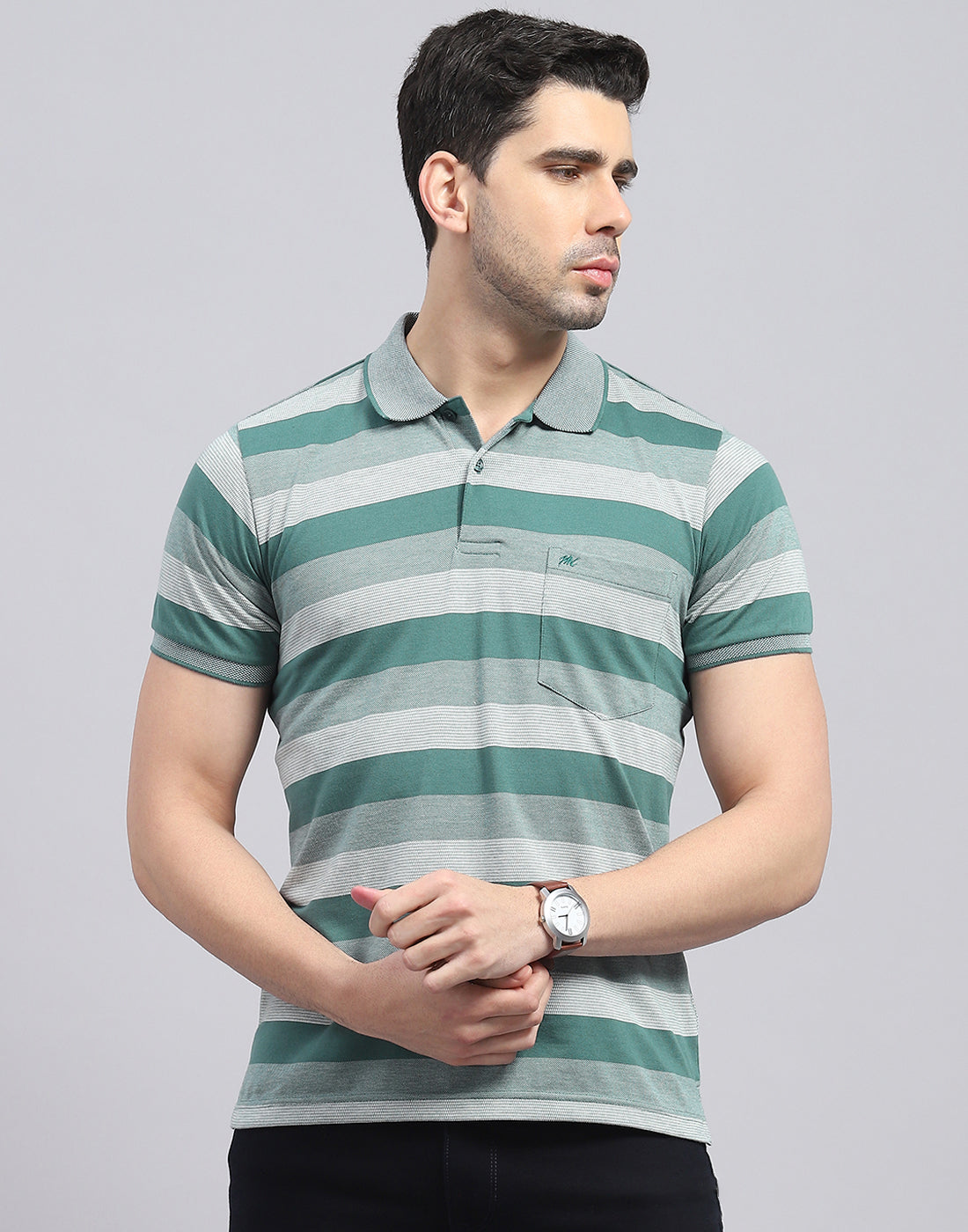 Buy Men Green Stripe Polo Collar Half Sleeve T-Shirt Online in India ...