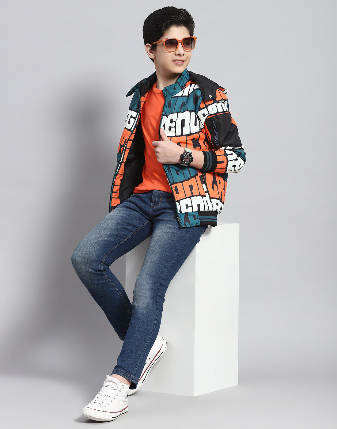 Buy Boys Teal Blue Printed Hooded Full Sleeve Boys Jacket Online in ...