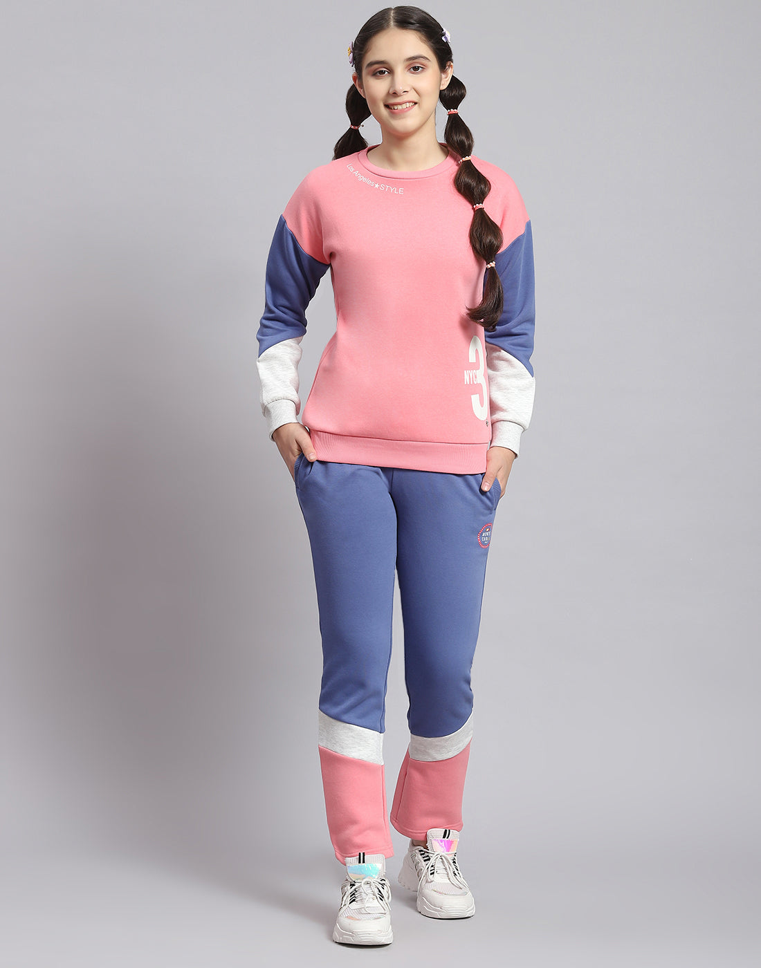 Buy Girls Peach Printed Round Neck Full Sleeve Tracksuit Online in ...